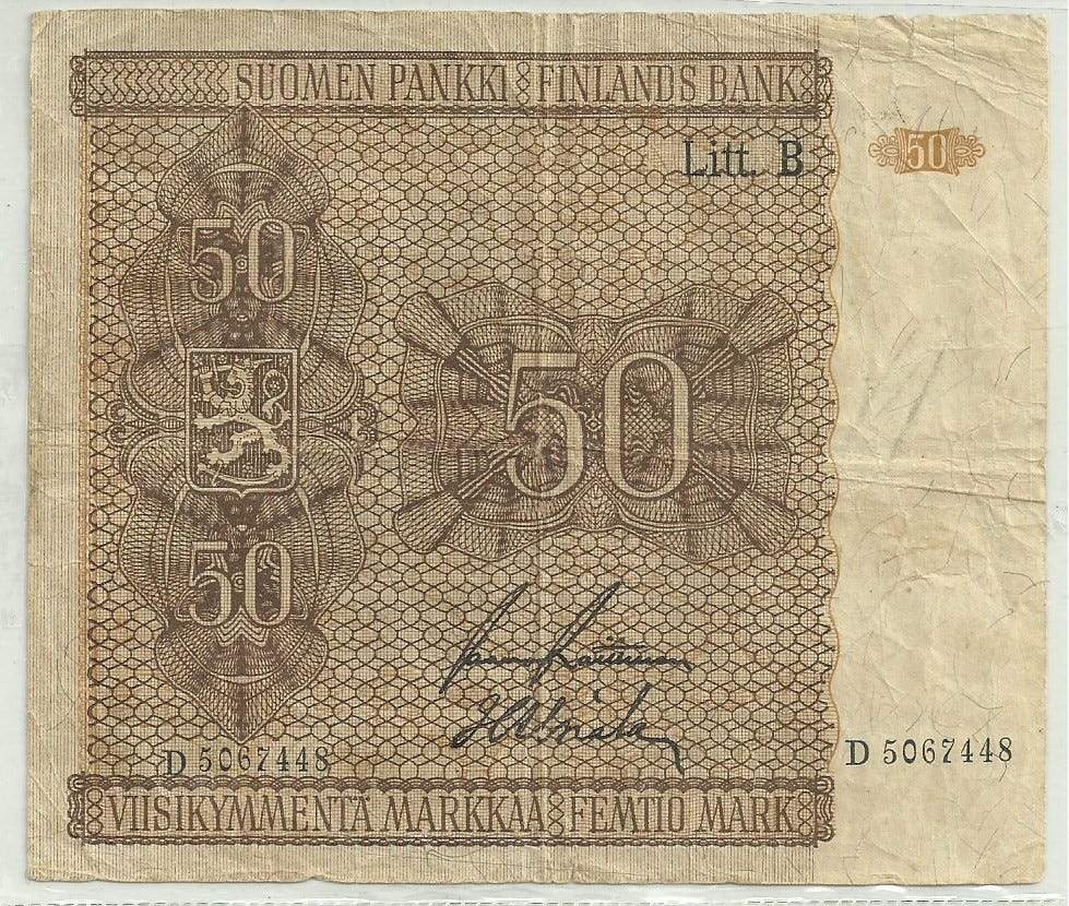 Suomi Seteli 50 markkaa 1945 Liit. B No D-5067448 | Tori