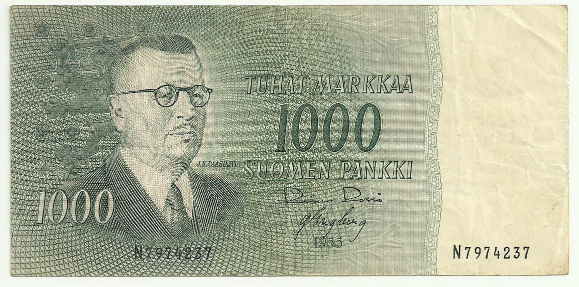 Suomi Seteli 1000 Markkaa vuodelta 1955 No N-7974237 | Tori