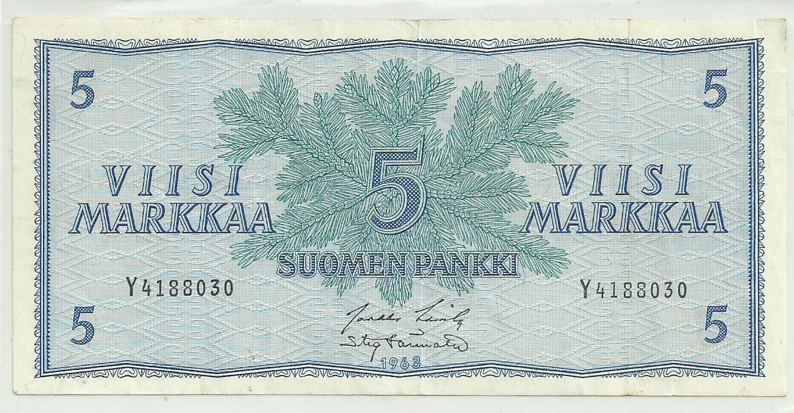 Suomen Pankki 5 Markkaa seteli 1963 ei Liit. No Y-4188030 | Tori