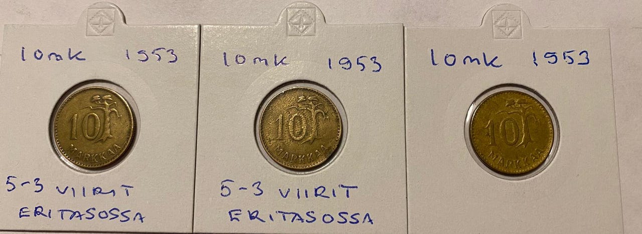 Suomalaisia 10 mk ja yksi 20 mk kolikko | Tori