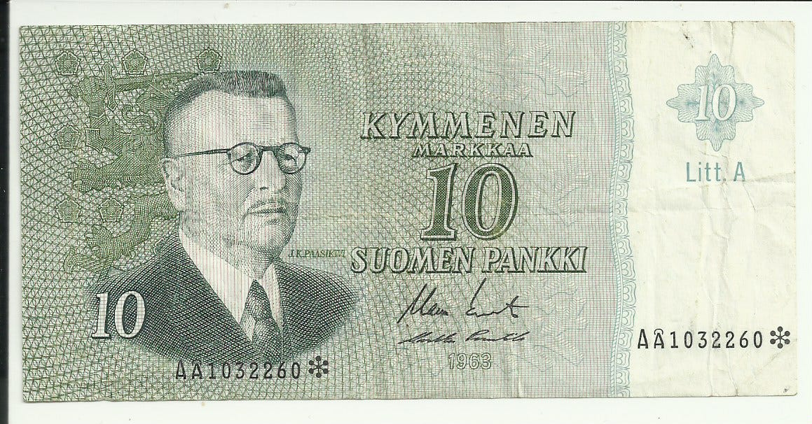 Suomen Pankki Kymmenen Markkaa Tähtiseteli 1963 No AÅ-1032260* | Tori