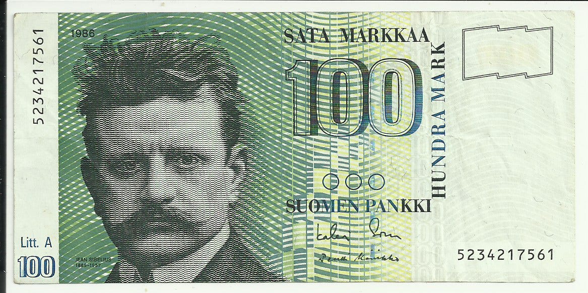 Suomen Pankki 100 markkaa seteli 1986 Liit.A No 5234217561 | Tori