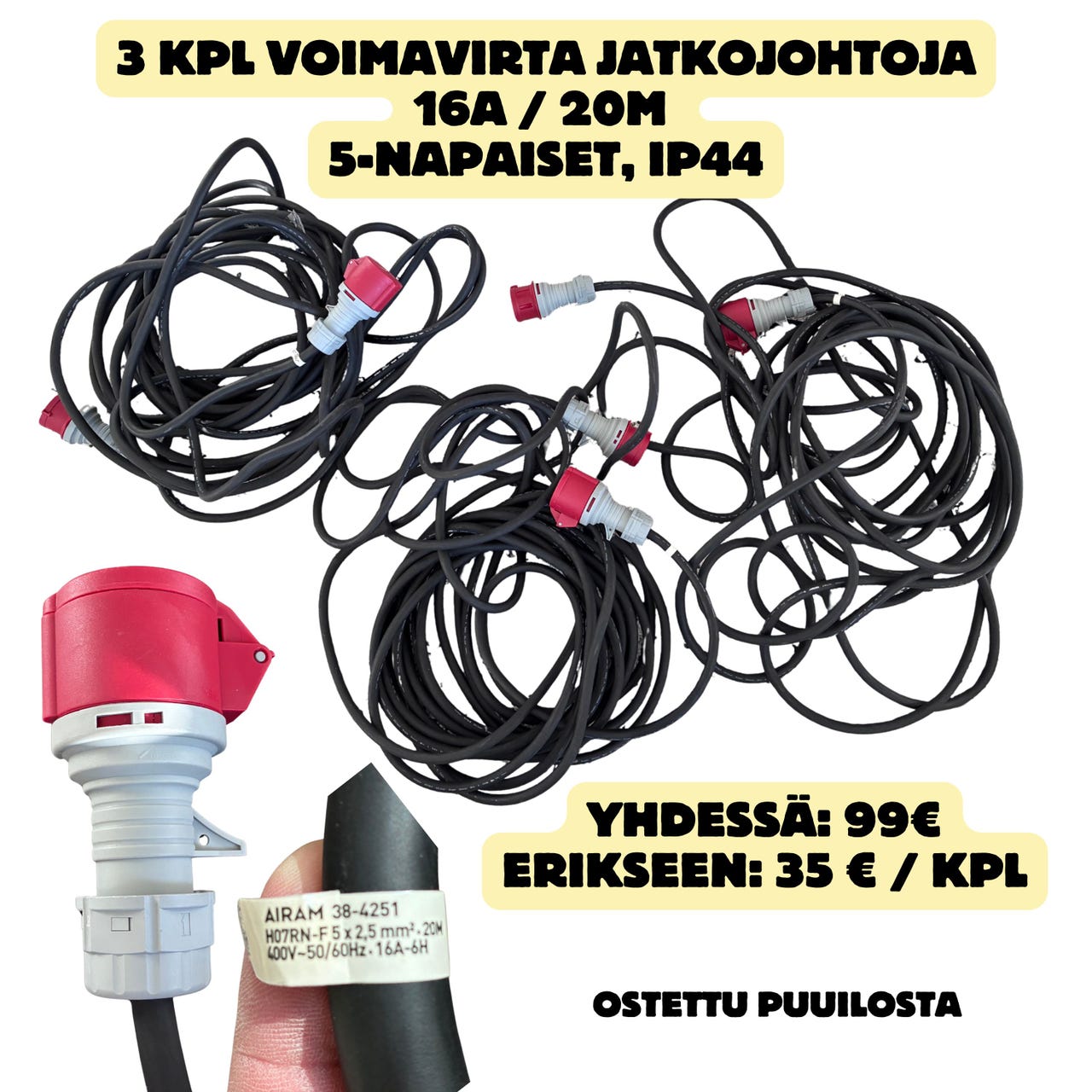 3 kpl voimavirta jatkojohtoja 16A / 20m — 5-napaiset, IP44 | Tori