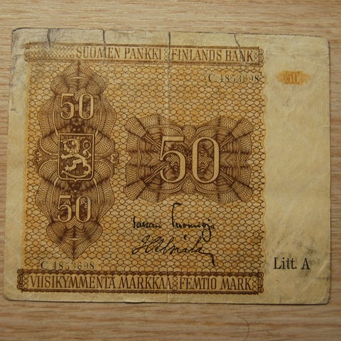 Sota-ajan seteli 50 markkaa 1945 Suomen pankki | Tori
