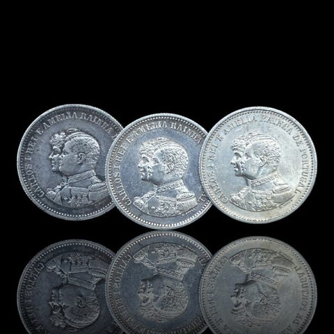 Portugali. Carlos I. Lot with 60x 100 Réis e 50 Reis Coins (Charles I ...